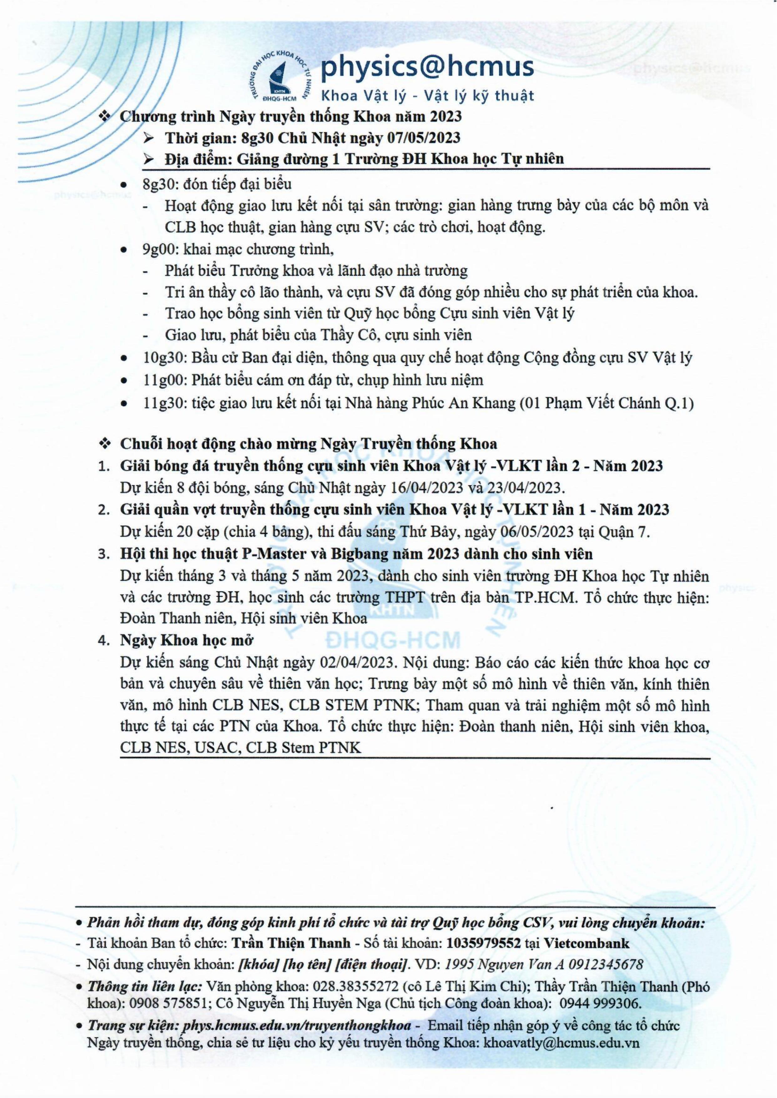 [THÔNG BÁO] TỔ CHỨC NGÀY TRUYỀN THỐNG KHOA VẬT LÝ - VẬT LÝ KỸ THUẬT | Khoa Vật lý - Vật lý kỹ thuật