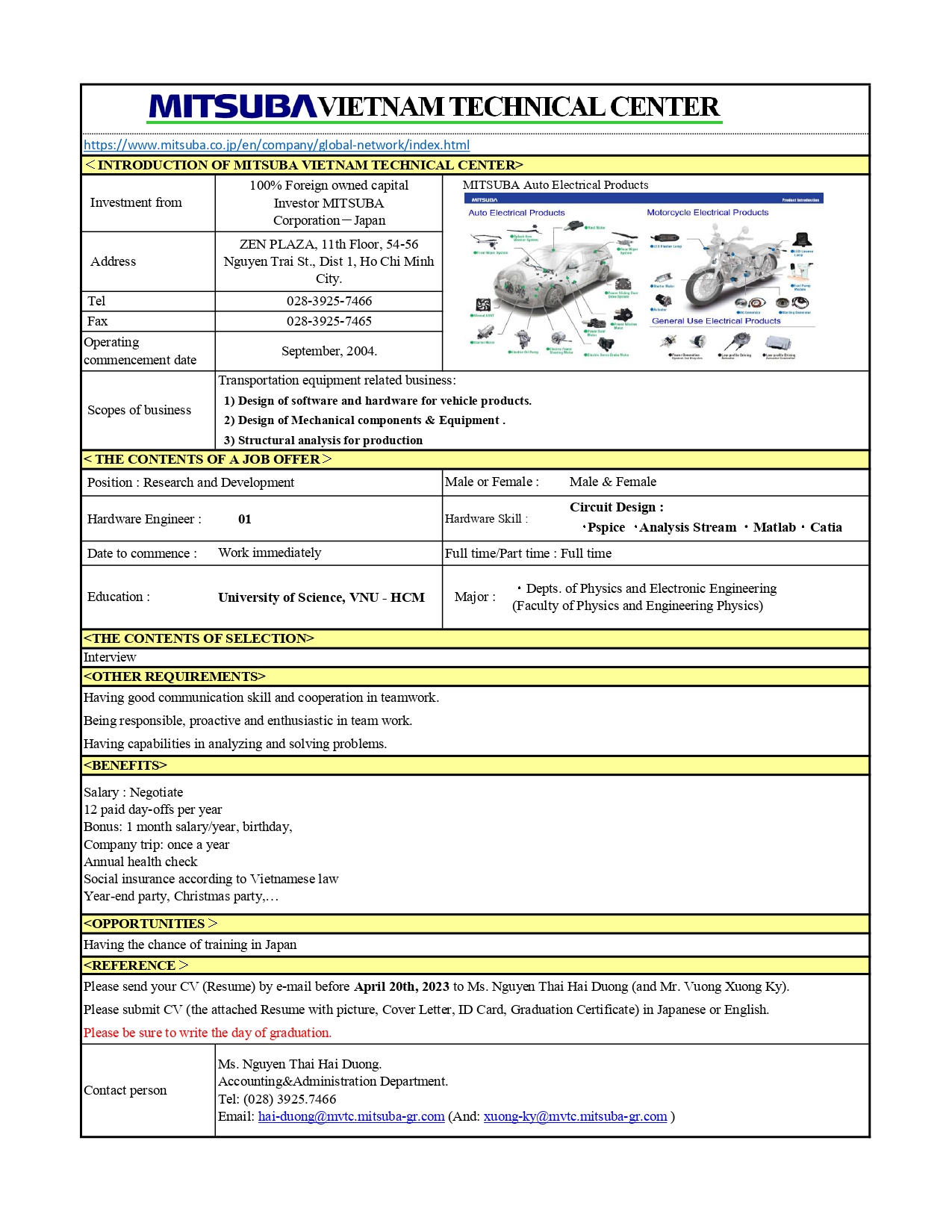 Thông báo tuyển dụng của Công ty Mitsuba Việt Nam 2023 | Khoa Vật lý ...
